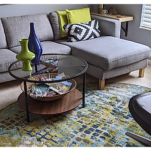 Moncot Round Coffee Table Small Coffee Table with Glass Top and Walnut Wood Shelf Modern Center Table with Metal Frame for Living Room