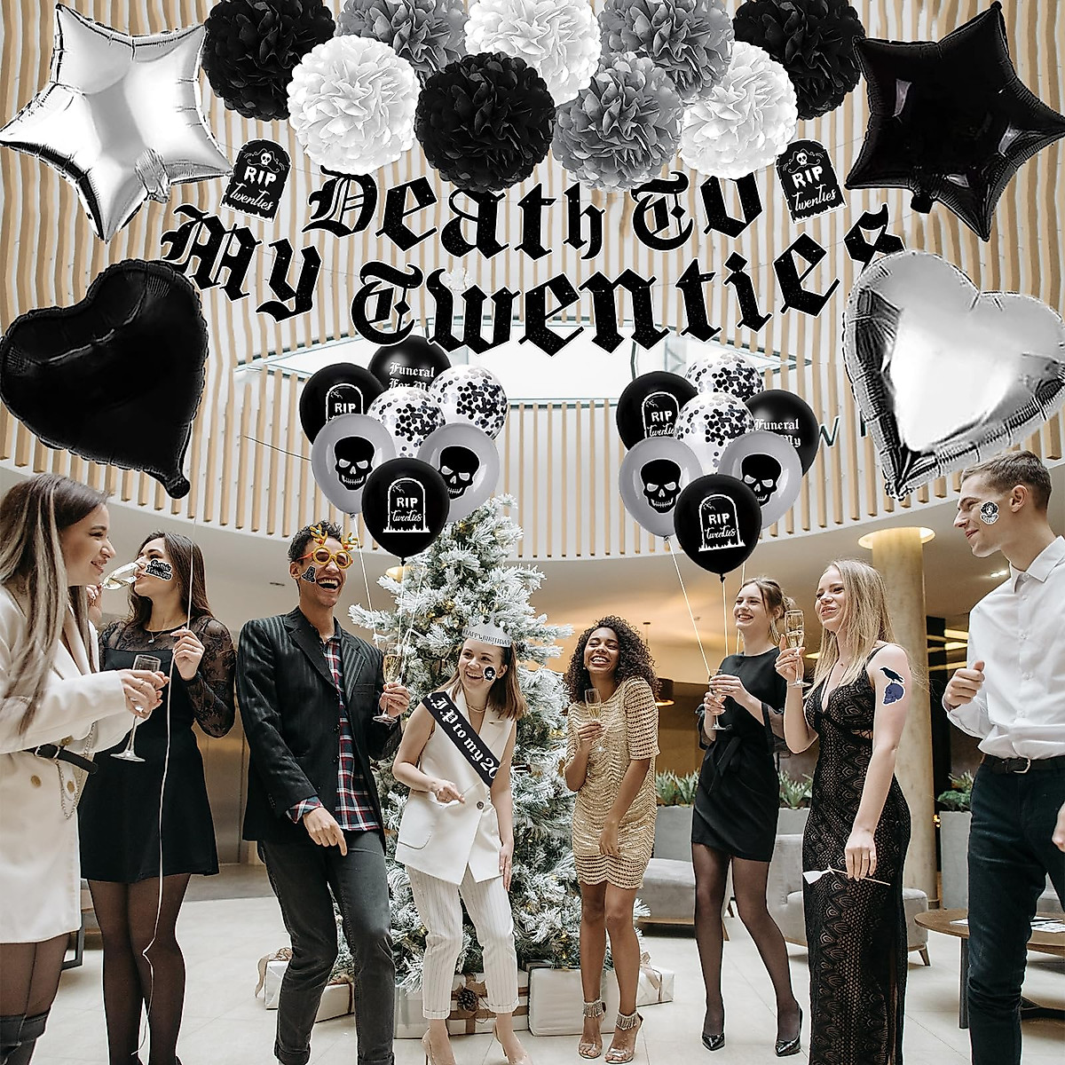 Black 30th Birthday Decorations for Women or Men, Death to My 20s Decorations, Death to My Twenties Banner Number 30 Balloons Rip to My 20s Sash Cake Toppers for Rip 20s Birthday Decorations