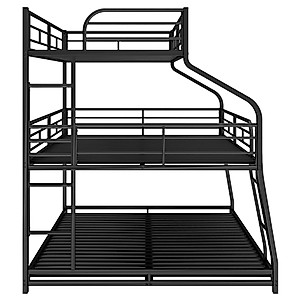 YOPTO Twin XL/Full XL/Queen Triple Bunk Bed with Long and Short Ladder and Full-Length Guardrails,Metal Bed-Frame for Bedroom/Living Room/Apartment,Guest-Room,Black