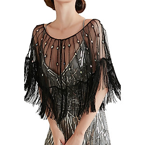 BABEYOND Sequin Beaded Shawl Wrap 1920s Evening Cape Shawl Gatsby for Evening Dresses Wedding Party (Black)