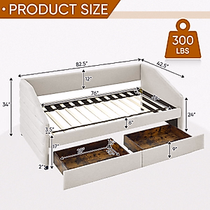 Twin Daybed with Storage Drawers, Upholstered Twin Size Daybed Frame, Modern Sofa Day Bed Frame with Curved Armrests, Linen Fabric Bedroom Furniture Bedframe, No Box Spring Needed (Twin, Beige)