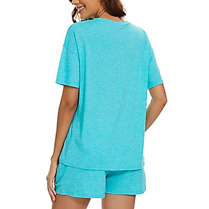 LOCUBE Women's Pajama Sets Short Sleeve Lounge Set Soft Comfy Stretch Casual Pj V-Neck Shirt and Shorts with Pocket (Aqua, X-Large)