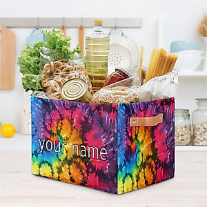 OMFUNS Personalized Storage Basket Swirl Tie Dye Custom Foldable Storage Bin Rainbow Art Fabric Rectangular Storage Box Organizer for Closet Shelf Home Nursery Toy Basket, 2 Pack