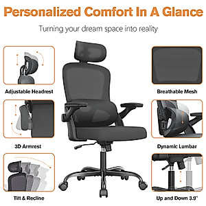 ORRSAKER Ergonomic Office Chair, High Back Computer Chair with Adjustable Lumbar Support, 3D Armrest, Headrest, Mesh Home Office Desk Chair for Work and Study, Ergonomic Chair for Long Hours, Black