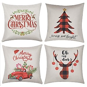 Birsppy Horuhue Christmas Pillow Covers, 4 Pack 18"x18" Christmas Decorative Couch Pillow Cases Winter Holiday Rustic Farmhouse Linen Cushion Case for Sofa, Couch, Bed and Car