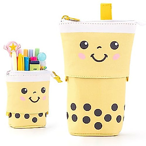 ANGOOBABY Cute Pencil Case Standing Pen Holder Telescopic Makeup Pouch Pop Up Cosmetics Bag with Kawaii Smile Face Stationery case Office Organizer Box for Girls Students Women Adult (Yellow)