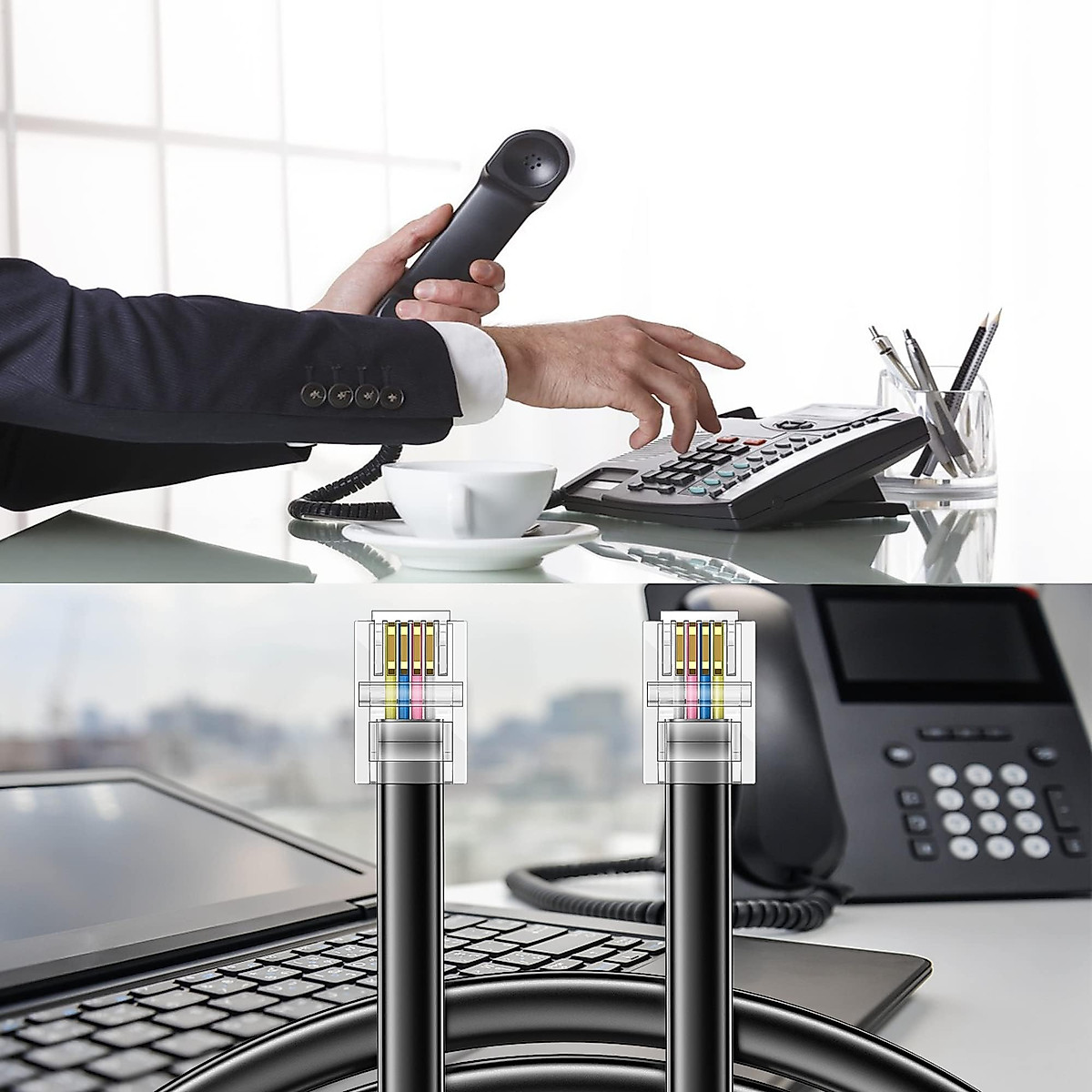 20Feet Long Telephone Extension Cord Phone Cable Line Wire, with Standard RJ11 Plug and 1 in-Line Couplers and 10 Cable Clip Holders-Black (20 Feet)