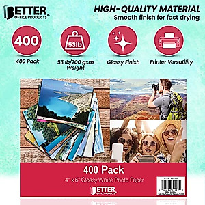 Premium Glossy Photo Paper, 4 x 6 inch, 400 Sheets, 200 gsm, Better Office Products, 4 x 6, 400-Count Pack