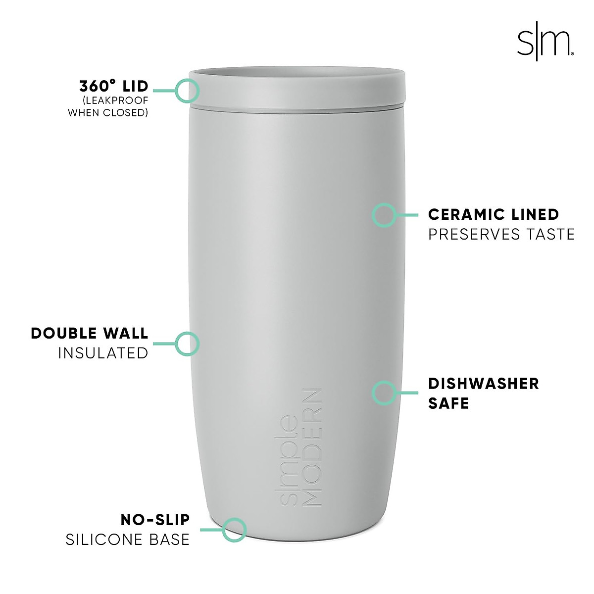 Simple Modern Travel Coffee Mug Tumbler with 360° Lid | Ceramic-Lined Insulated Stainless Steel Cold Brew Iced Coffee Cup Thermos | Gifts for Women Men Her Him | Voyager Signature | 16oz | Ice Gray