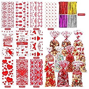 200 Pcs Valentine Cellophane Candy Bags Valentine's Day Gift Bags Valentine Cellophane Treat Bags with 200 Twist Ties Valentine Goodies Bags for Kids Valentine Party Supplies,10 Styles