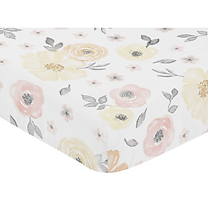 Sweet Jojo Designs Yellow and Pink Watercolor Floral Girl Fitted Crib Sheet Baby or Toddler Bed Nursery - Blush Peach Orange Cream Grey and White Shabby Chic Rose Flower Farmhouse