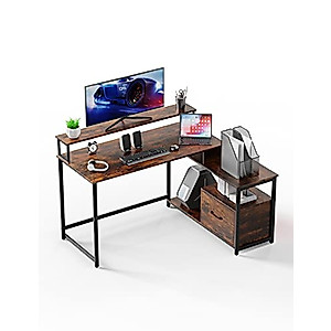 AMNOOL L Shaped Office Desk Home Office Computer Desk with Power Socket and LED Light Strip Gaming Desk with File Drawer Corner Desk with Monitor Stand and Printer Storage Rack