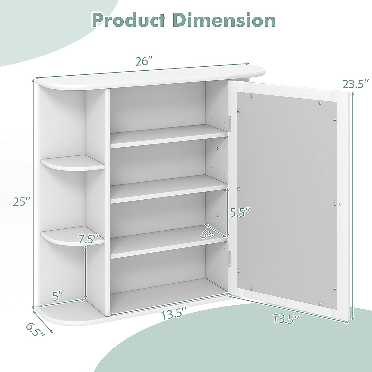 RELAX4LIFE Bathroom Wall Cabinet with Mirror - Medicine Cabinet w/Door, 6 Open Shelves & Adjustable Shelves, Over The Toilet Storage Cabinet Organizer, Mirrored Bathroom Cabinet Wall Mount (White)