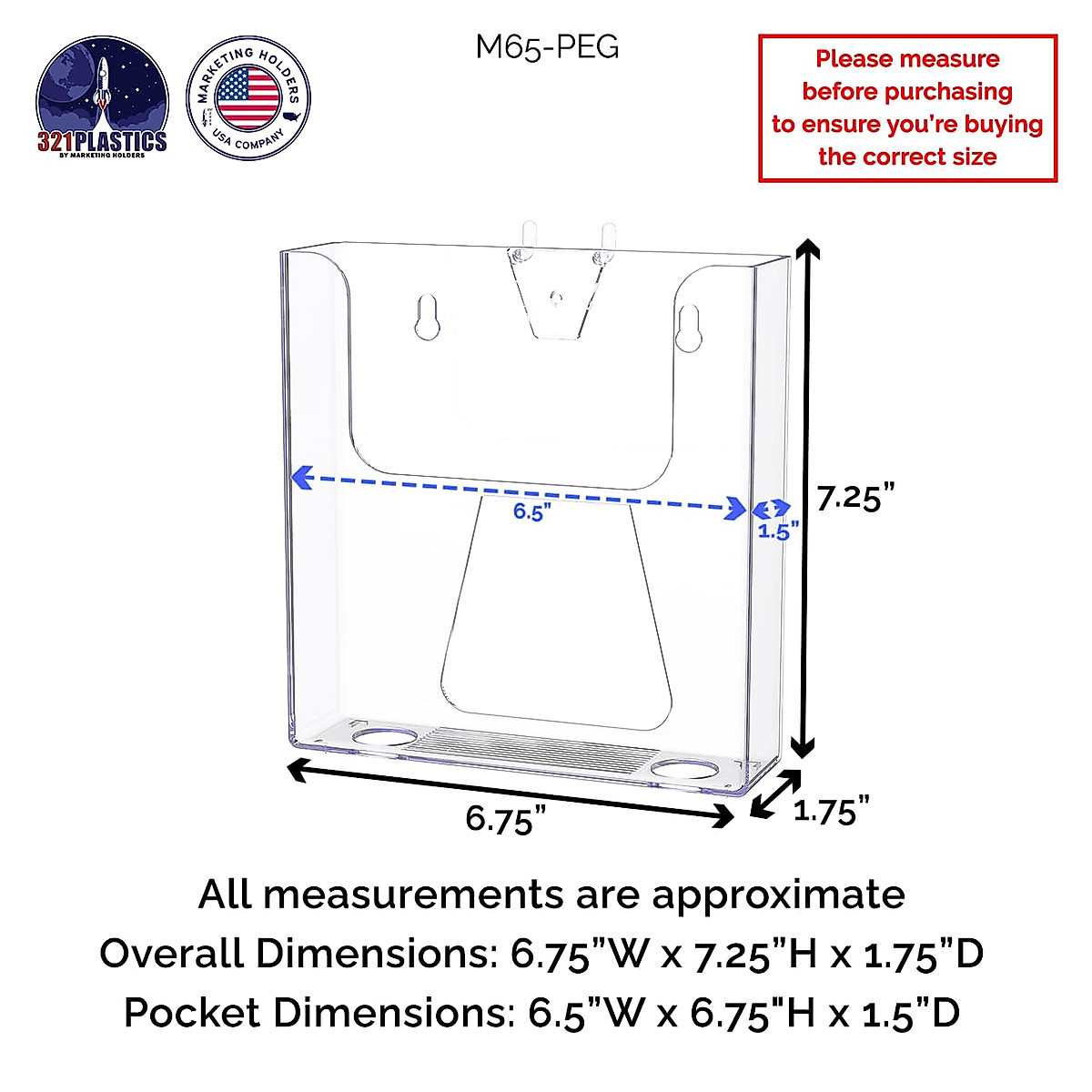 Marketing Holders 12 Pack Peg Board 6.5" W Brochure Holder Pamphlet Display Catalog Booklet Maps Literature Printed Material Menu Clear Acrylic
