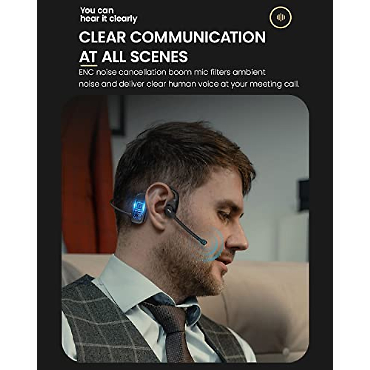 Bone Conduction Headphones with Mic Open Ear Headphones Wireless Bluetooth Ear Bone Head Phones Earphones with Microphone Waterproof Headset for Office, Work, Running, Driving, Sports, Truck Drivers