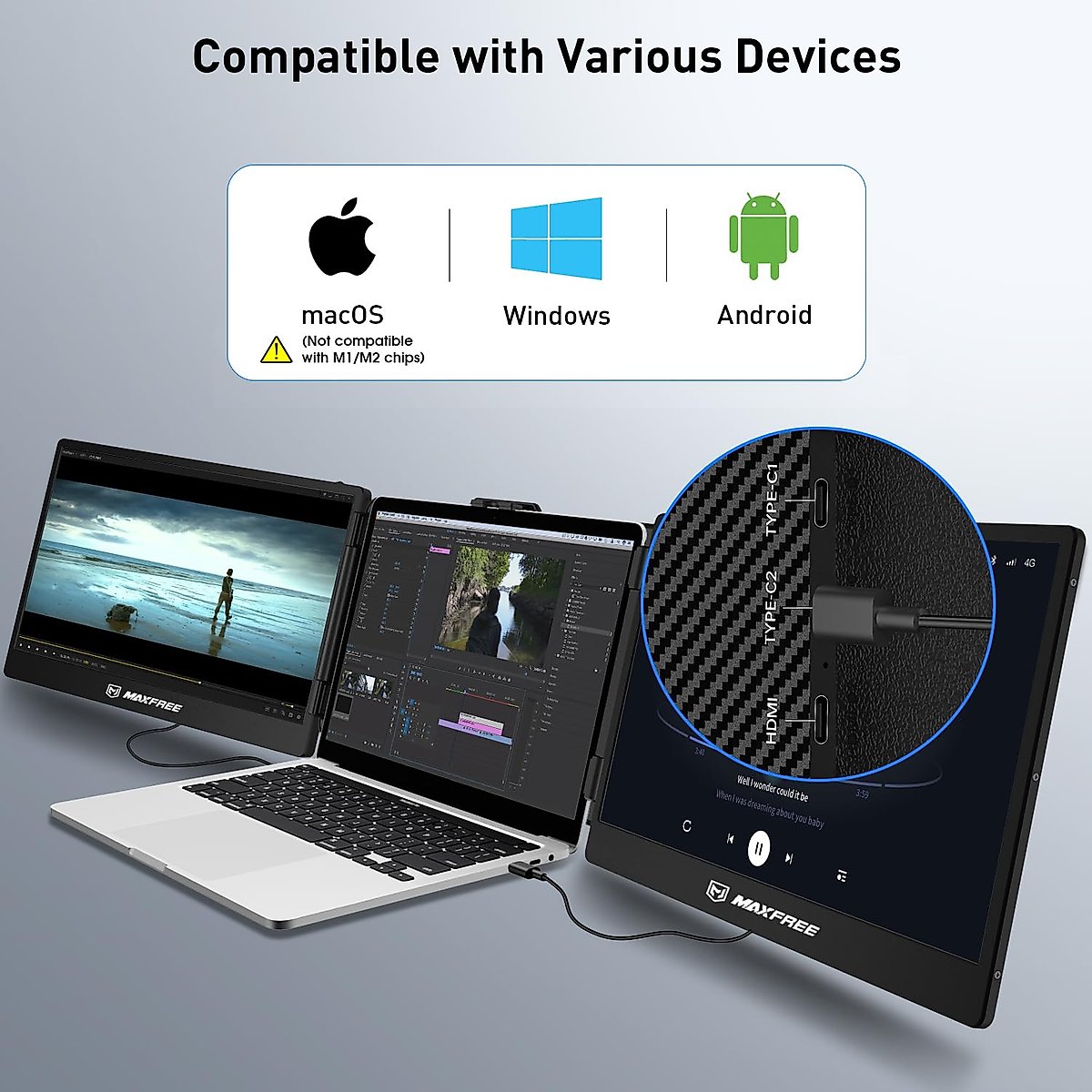 Maxfree S2 Laptop Screen Extender, 14'' Laptop Monitor Extender Plug & Play, 1080P FHD Triple Portable Dual Monitor for 13-17'' Laptops, Compatible with Windows/Mac/Surface/Android/Switch