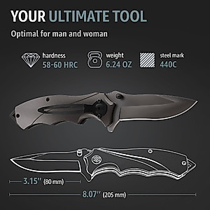 Pocket Knife for Men - Folding Knives with Sharp Blade Aluminum Handle Glass Breaker and Pocket Clip - Best Gear for Tactical Camping Hunting Fishing EDC Survival - Birthday Gift Idea - 6495