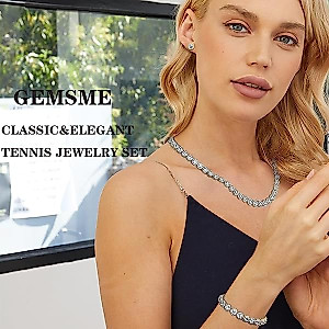 Gemsme 18K White Gold Plated Cubic Zirconia Tennis Necklace/Bracelet/Stud Earrings Set for Women Men Hypoallergenic Silver Halo Jewelry Pack of 3