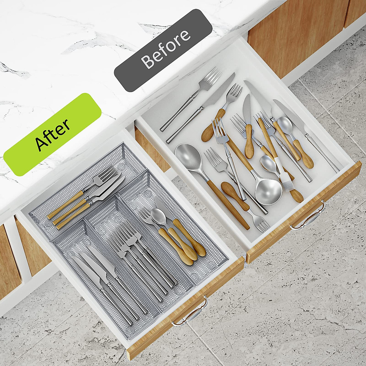 Neudeco Mesh Drawer Organizer, Silverware Organizer for Kitchen Drawer?Utensil Metal Organizer for Flatware, Knives, Cosmetic (Silver 9 * 3 * 2 inch Pack6)