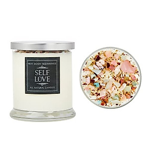 Self Love Candle by New Moon Beginnings - Negative Energy Cleansing - Handmade Aromatherapy Soy Candle - Dried Flower, Herb, & Crystal Candle - 12oz Glass Jar