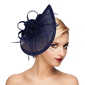 dressfan Fascinator Hat Headpiece Womens Vintage Wedding Headband Derby Hat,20s 50s Mesh Feather Flower Hair Clips Headwear for Kentucky Derby/Wedding/Cocktail/Tea Party,Navy Blue