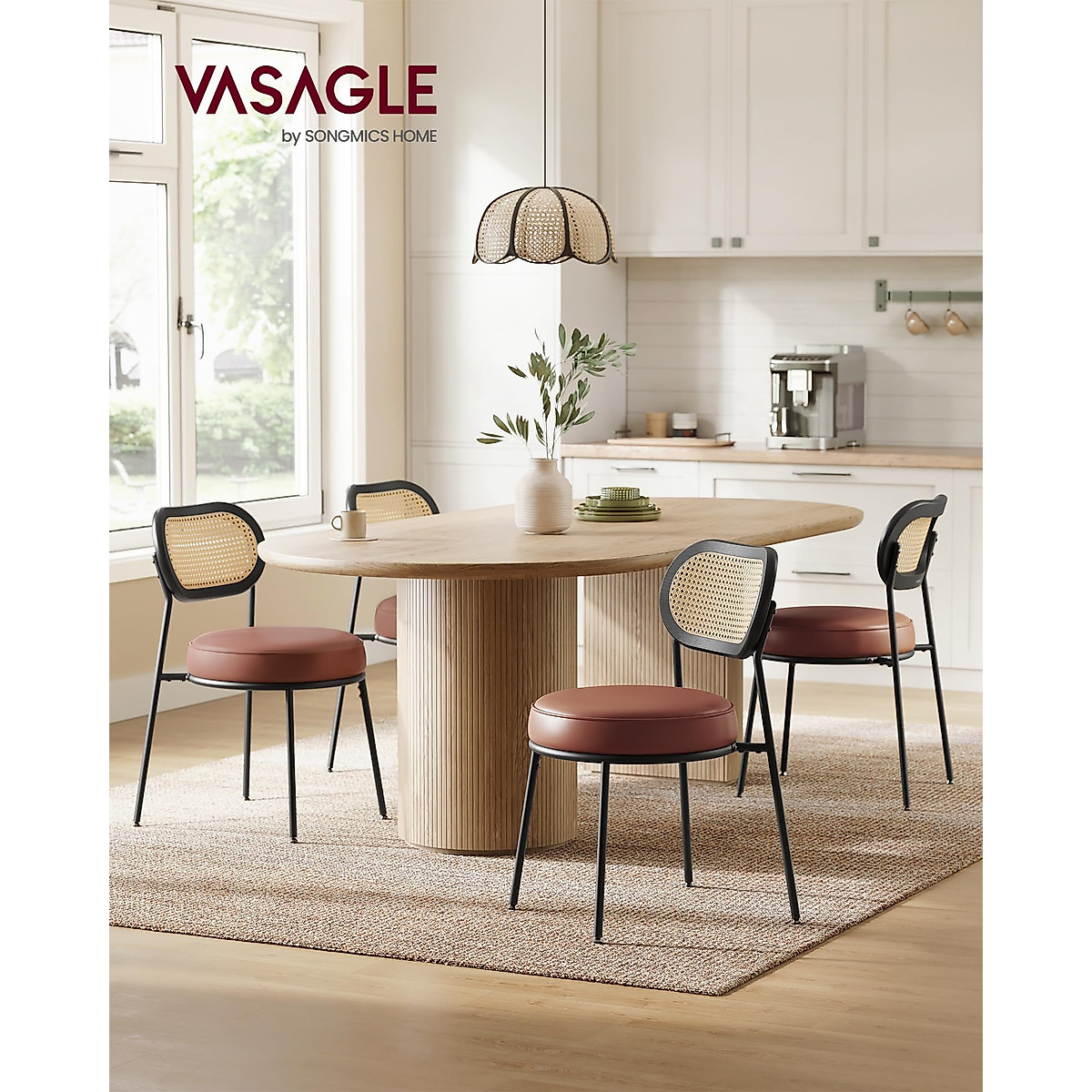 VASAGLE Dining Chairs, Set of 2 Dining Room Chairs with Boho PE Rattan Back, Synthetic Leather Upholstered Accent Chairs for Kitchen Living Room, Coffee Brown ULDC160K02V1