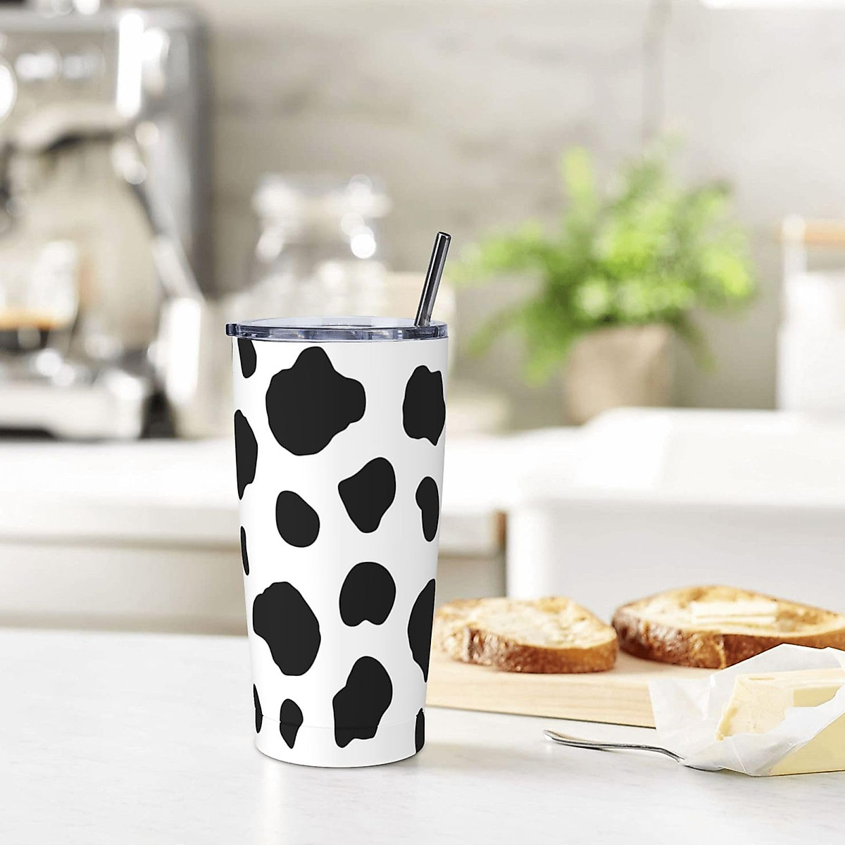 Black And White Cow Pattern 20oz Tumbler Stainless Steel Vacuum Insulated Double Wall Travel Tumbler, Durable Insulated Coffee Mug, Thermal Cup With Lid and Straw for Hot & Cold Drinks