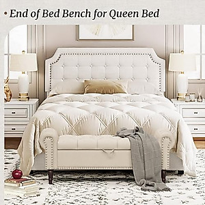 Cozyman Storage Bench, 50” Queen Linen Tufted Button End of Bed Bench with Rolled Arm and Nailhead Trim, Upholstered Bedroom Bench, Ottoman Bench for End of Bed, Living room, Entryway, Linen Color