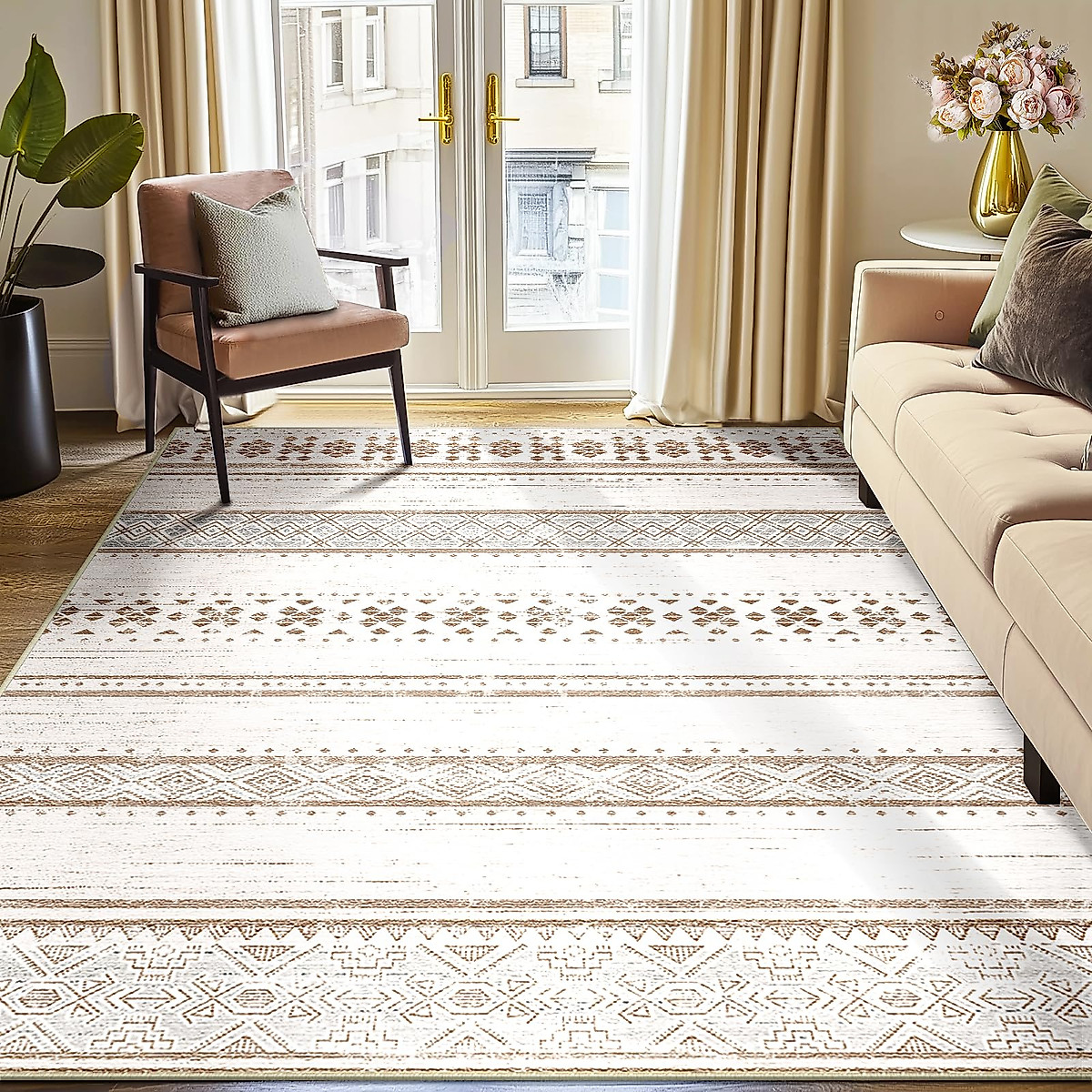 BESTSWEETIE 9x12 Area Rugs for Living Room Washable Moroccan Farmhouse Neutral Geometric Low Pile Non-Slip Soft Print Pattern Rug for Bedroom Kitchen Dining Room Entryway Cream/Brown/Pink