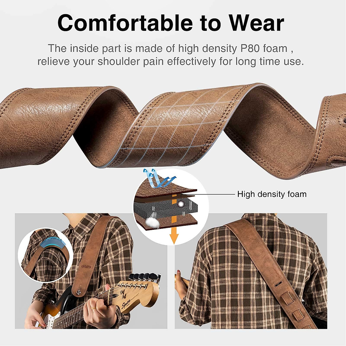 LEKATO Bass Strap for Electric Guitar & Bass 2.5” Wide Leather Bass Guitar Strap with Foam Padded Bass Guitar Strap Leather Bass Guitar Strap Adjustable Length from 41” to 51” Leather Guitar Straps