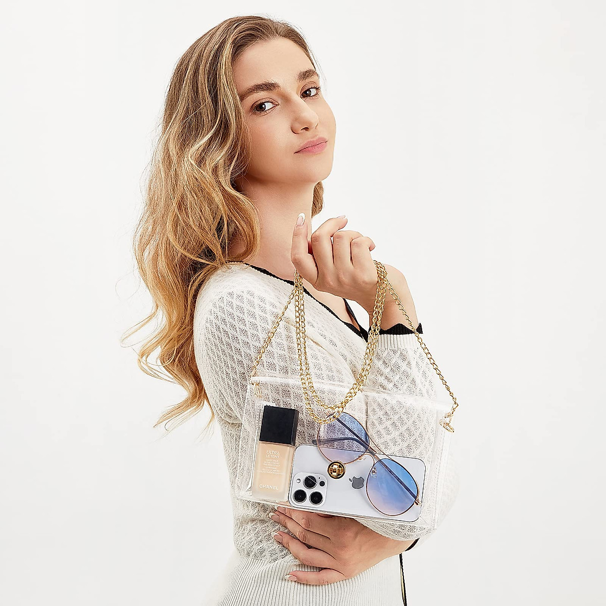 Mossio Clear Purses for Women, Chain Shoulder Handbag Cute for Sports Concert Prom Party Present (Gold Chain)