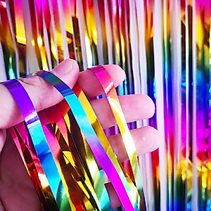 Sparkly Rainbow Foil Fringe Curtain Metallic Streamers Tinsel Party Backdrop Decorations for Birthday Gay Pride Day Graduation Wedding Engagement Bridal Shower Bachelorette Photo Booth Props - 2 Packs