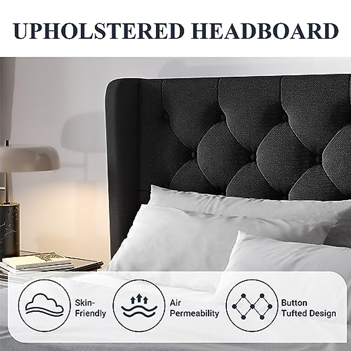 Allewie Queen Size Bed Frame with Button Tufted Wingback Headboard, Modern Upholstered Bed Frame with Solid Wooden Slats Support - No Box Spring Needed, Easy Assembly, Black