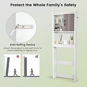 LOKO Over The Toilet Storage Cabinet, Wooden Bathroom Space Saver with Door & Open Storage Shelves, Anti-toppling Device, Freestanding Over Toilet Bathroom Organizer for Bathroom, Laundry