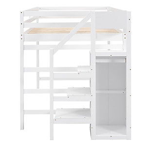 Harper & Bright Designs Full Loft Bed, Loft Bed Full Size with Storage Staircase and Wardrobe for Clothes, Wooden High Loft Bed Frame for Kids Girls Boys Bedroom, White