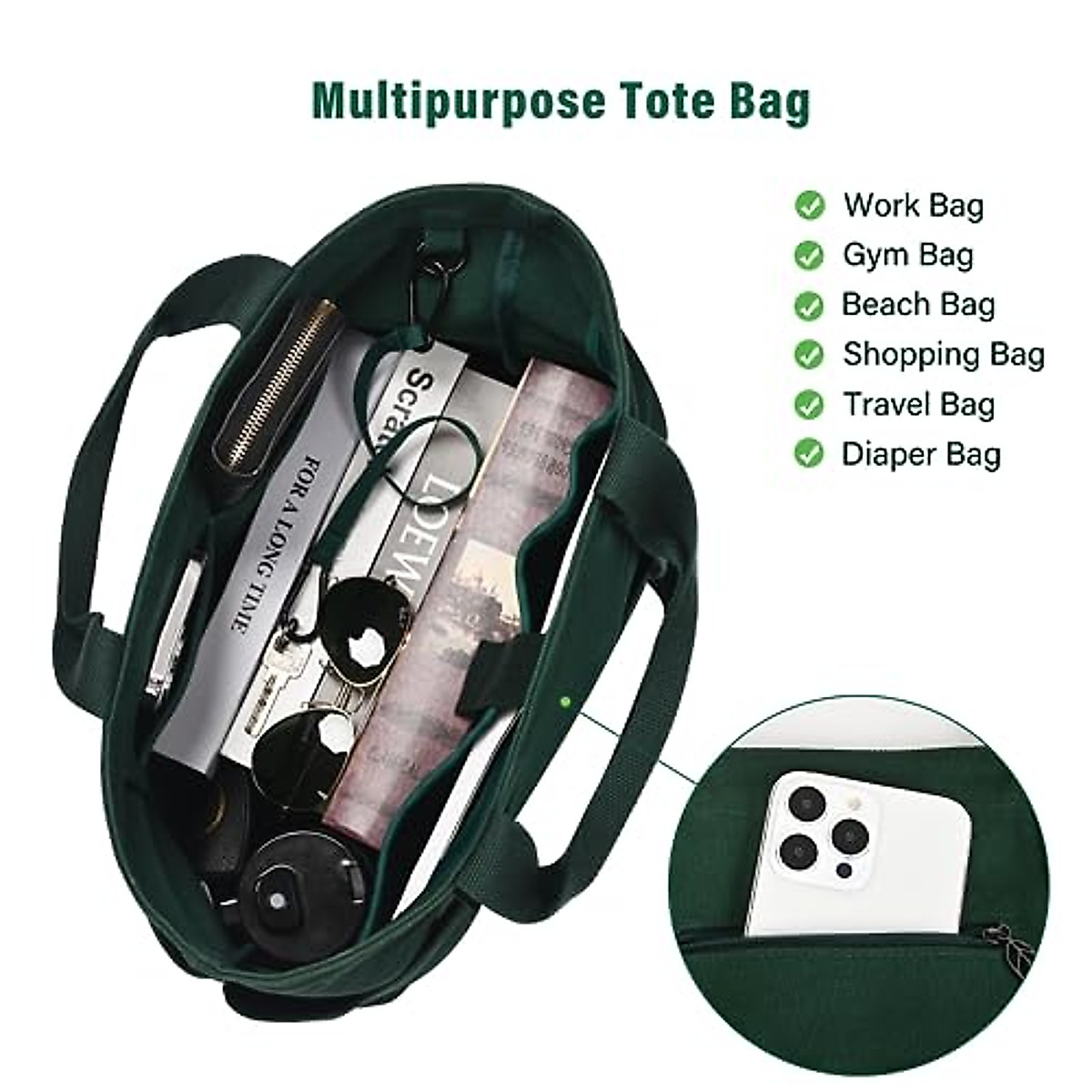 Eudora Large Heavy Duty Canvas Tote Bag for women with Water Resistant and Multi-pocket for Teacher Nurse Office Work(Dark Green)