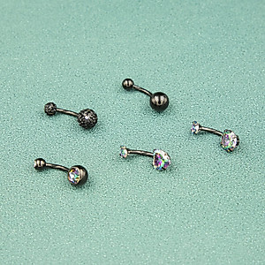 14G Belly Button Ring Stainless Steel Black Navel Ring for Women Clear Round Heart CZ Crystal Belly Bar Body Piercing Internally Threaded Barbell Belly Jewelry Black 5PCS (5PCS Belly Button Ring-Black)