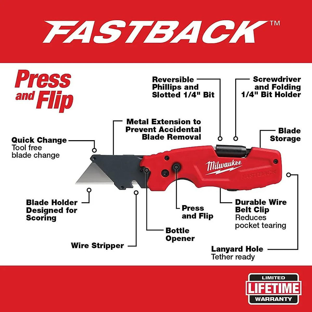 Generic For Milwaukee 48-22-1505 FASTBACK 6 in 1 Folding Utility Knife w/Clip