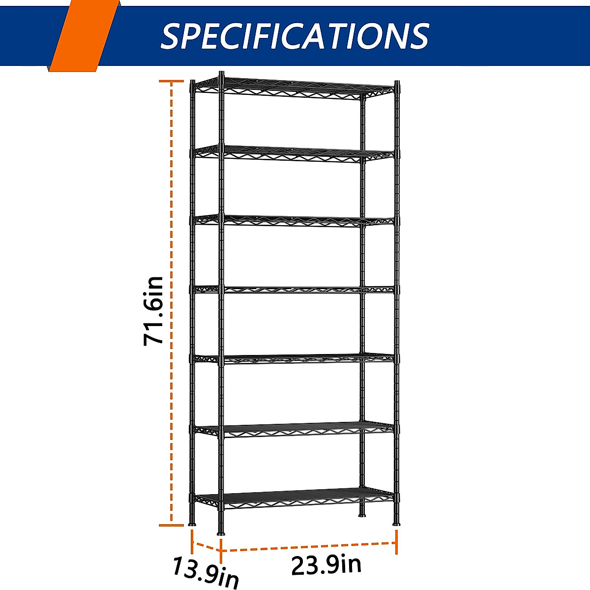 REGILLER 7-Tier Metal Storage Rack Adjustable Shelf,Storage Unit Shelf for Laundry Bathroom Kitchen Pantry Closet(Black,23.9L x 13.9W x 71.6H)