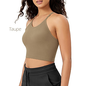 ODODOS Women's Crop 3-Pack Seamless Rib-Knit Camisole Crop Tank Tops, Mushroom Taupe Charcoal, X-Small/Small