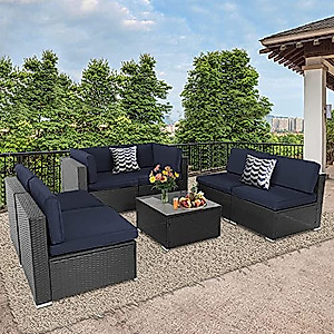 Crownland 7-Piece Outdoor Patio Furniture Sets, All-Weather Black Wicker Rattan Sectional Sofa, Modern Glass Coffee Table and Washable Seat Cushion with YKK Zipper (Dark Blue)