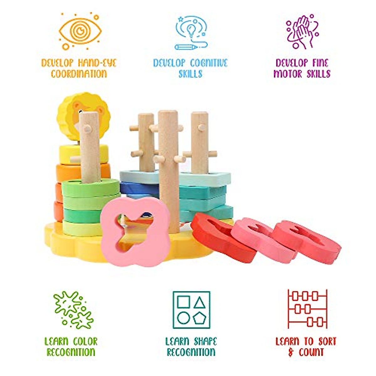 Boxiki kids 27 PCS Montessori Toys for 1 to 3 Year Old Boys Girls Toddlers, Wooden Shape Sorter & Stacking Toys, Color Recognition Stacker, Baby Puzzles Gift