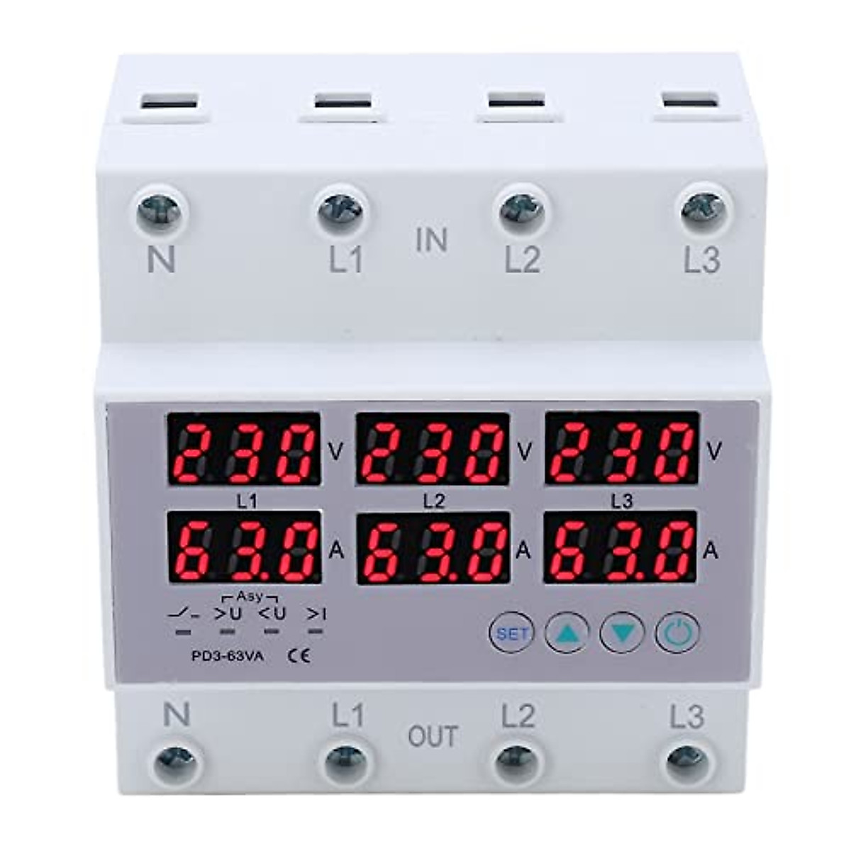 Fewb Digital 3 Phase DIN Rail Voltmeter Ammeter, AC 390‑500V Electricity Usage Monitor Power Meter Voltage Amps Watt Kwh Frequency Power Factor Meter Multimeter Current Power Tester(63A)