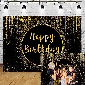 Maijoeyy 7x5ft Black Gold Happy Birthday Backdrop Golden Sparkle Shining Dots Photography Background Glitter Bokeh Sequin Spots Backdrop for Women Men Birthday Party Decoration Banner