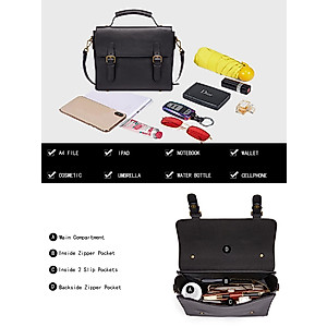 Vintage Leather Messenger Bag For Women Top Handle Shoulder Handbags Fit A4 Paper (Black)