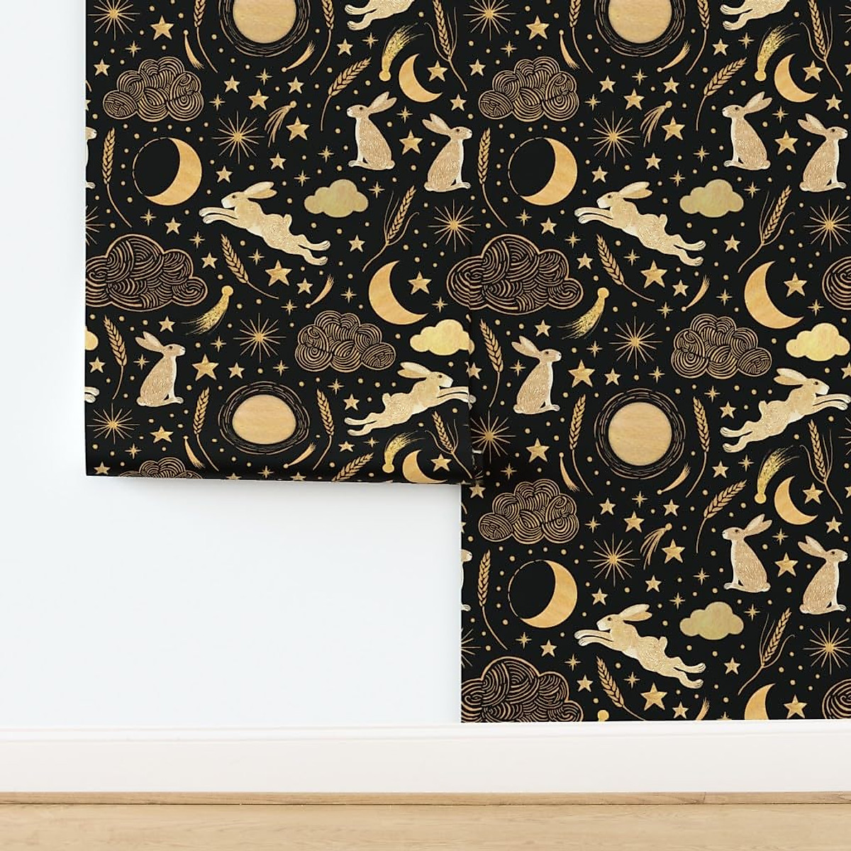 Peel & Stick Wallpaper 6ft x 2ft - Moon Hares Golden Black Stars Clouds Gold Night Custom Removable Wallpaper by Spoonflower