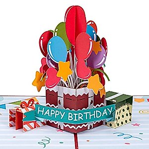 Paper Love Happy Birthday Balloons Pop Up Card, Handmade 3D Popup Cards, For Adults and Kids - 5" x 7" Cover - Includes Envelope and Note Tag