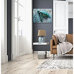 Arjun Bathroom Decor Teal Canvas Green Sea Turtle Wall Art Prints Submarine Picture One Panel 16"x12" Blue Sea-Plant Modern Landscape Painting Framed for Living Room Bedroom Home Office Spa Wall Decor