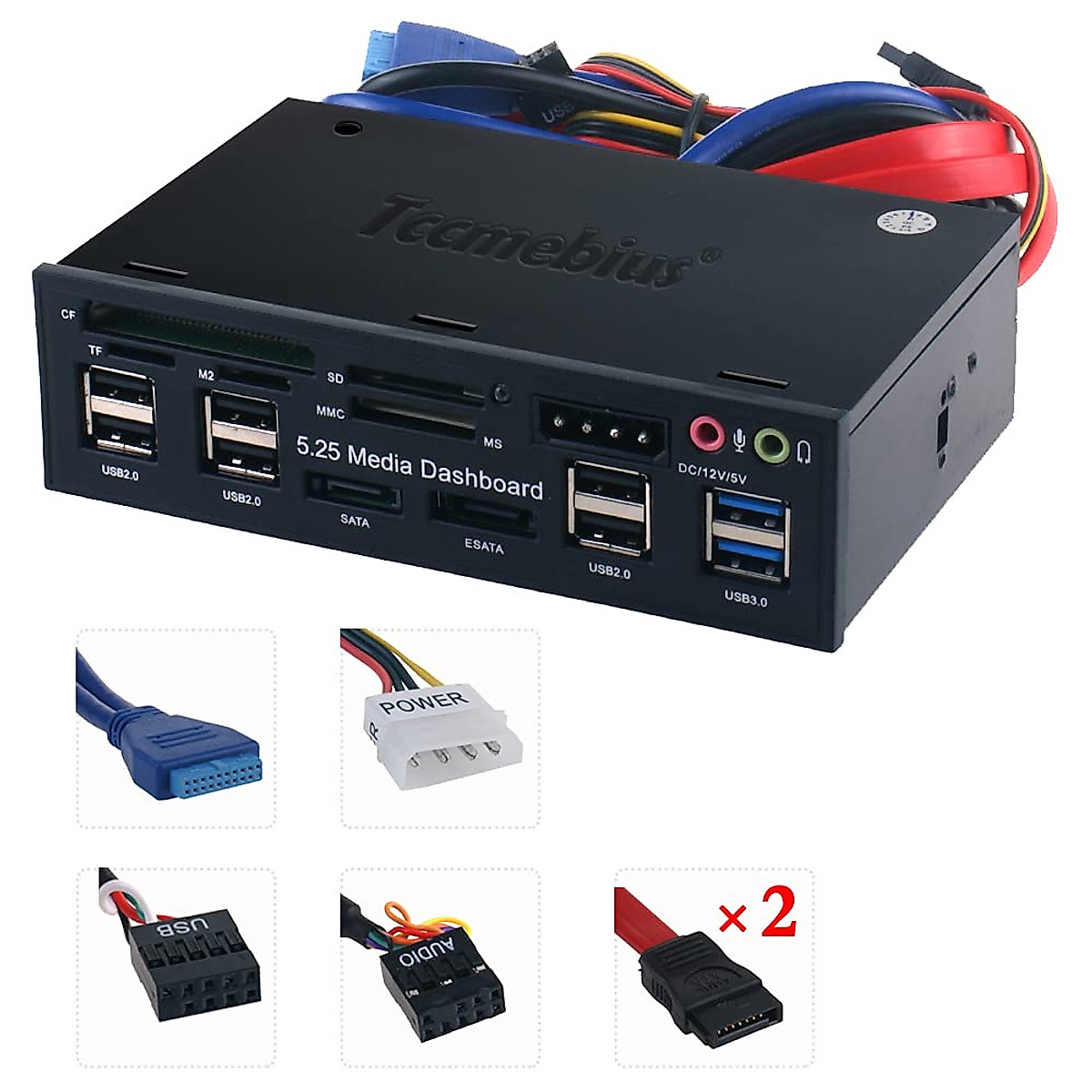 Tccmebius TCC-QL5E 5.25 Inch PC Multifunction Dashboard Media Front Panel, with SATA e-SATA Dual USB 3.0 6 Port USB 2.0 Audio Ports and Five-in-one Card Reader