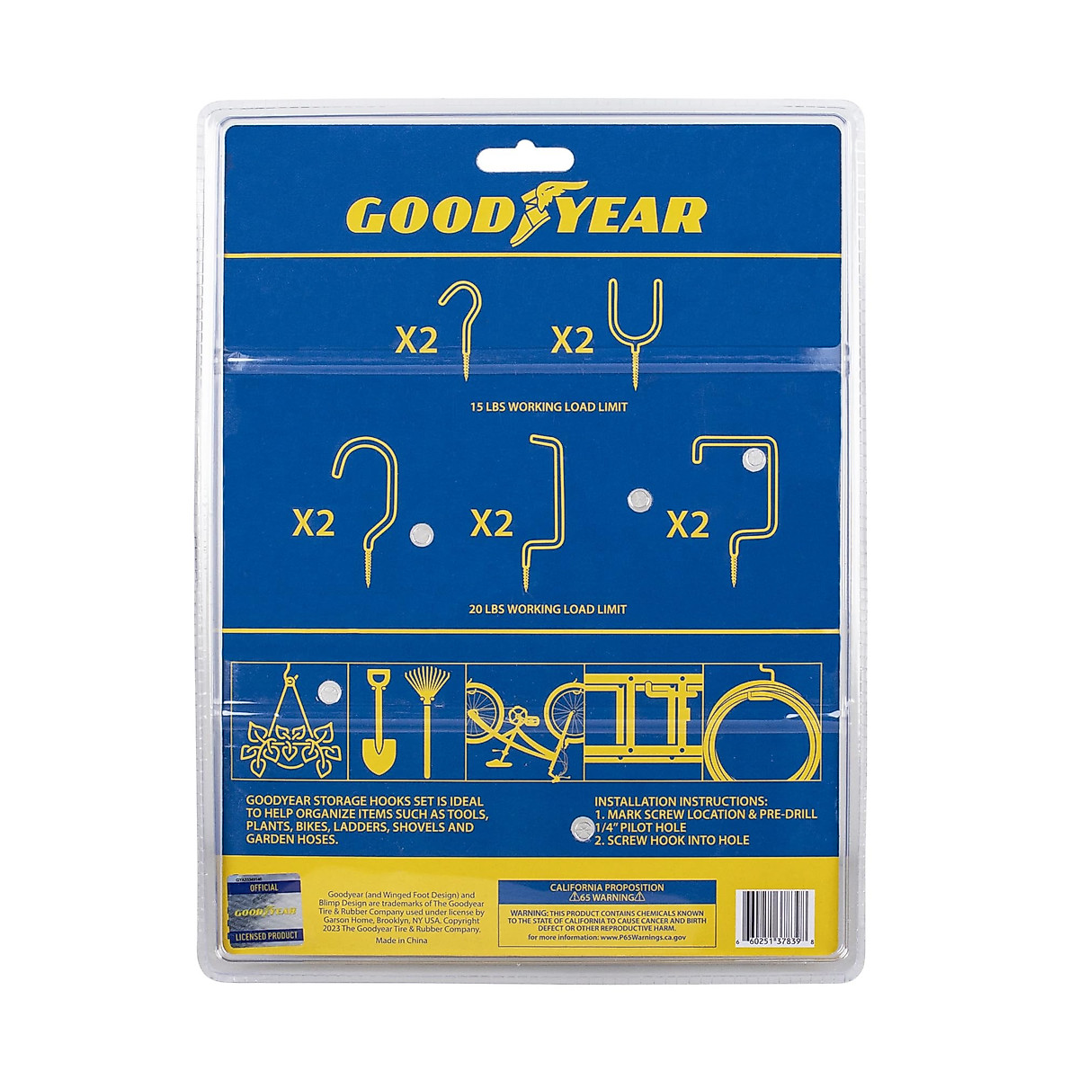 Goodyear Garage Storage Hooks Set - 10 Piece Heavy Duty Multipurpose Anti Slip Garage Hangers Steel Wall Hooks (Blue)